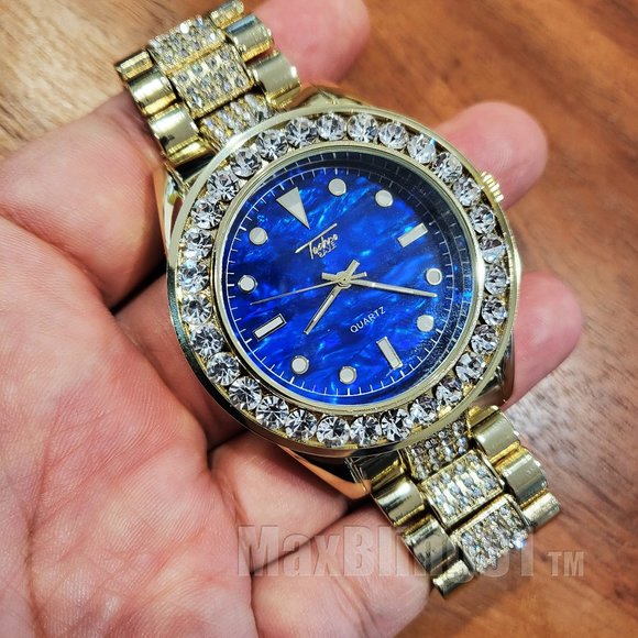 Accessories | Men Hip Hop Iced Gold Pt Blue Dial Big Simulated Diamond ...